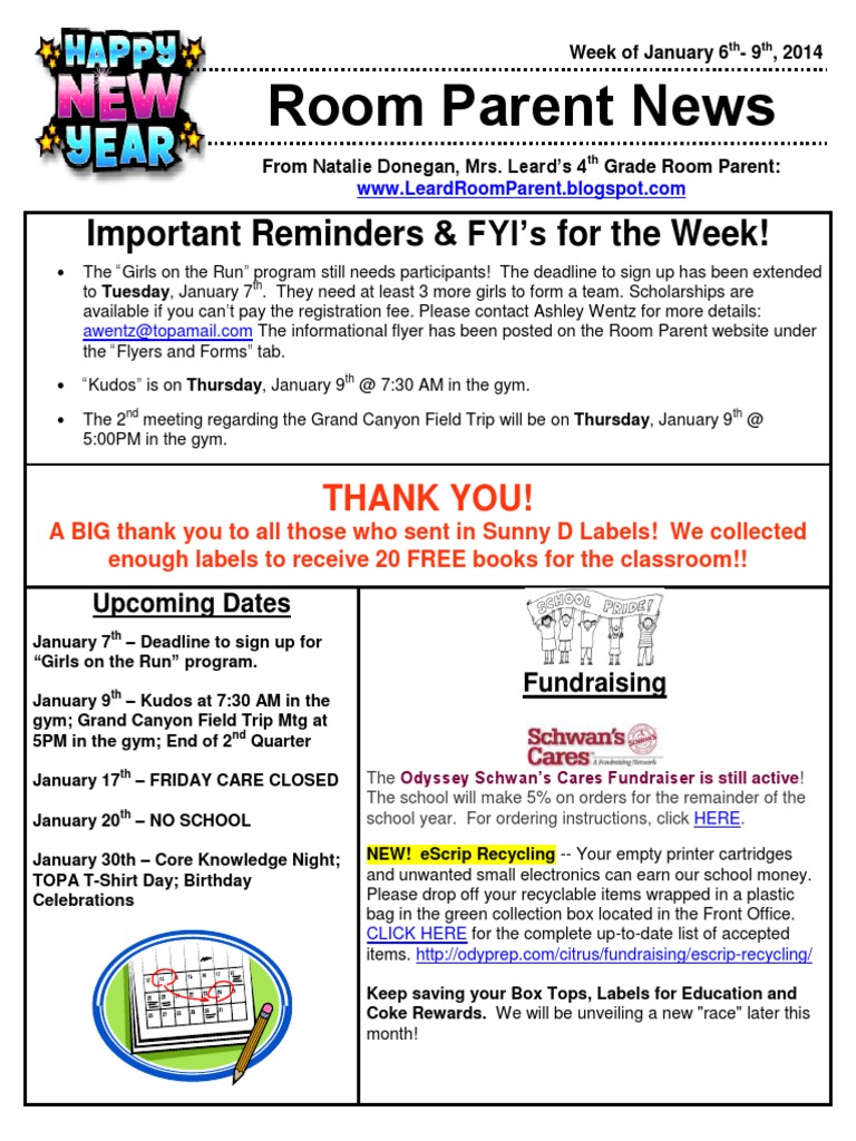 4th Grade Room Parent Newsletter - January 6th | PDF