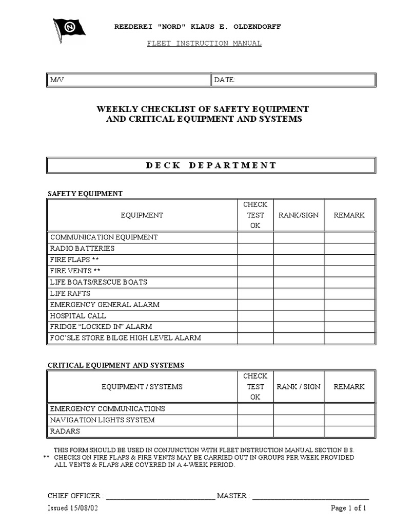 Weekly Safety and Critical Equipment Checklist | PDF | Technology ...