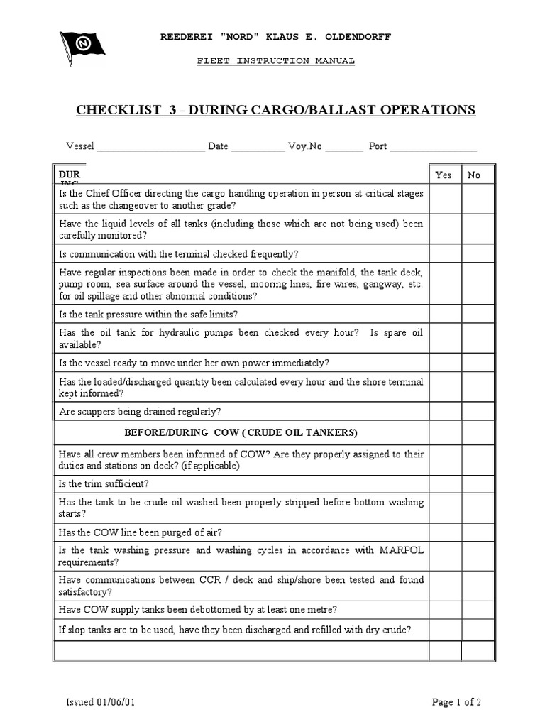 During Cargo-Ballast Operations Checklist (Tanker) | PDF | Oil Tanker ...