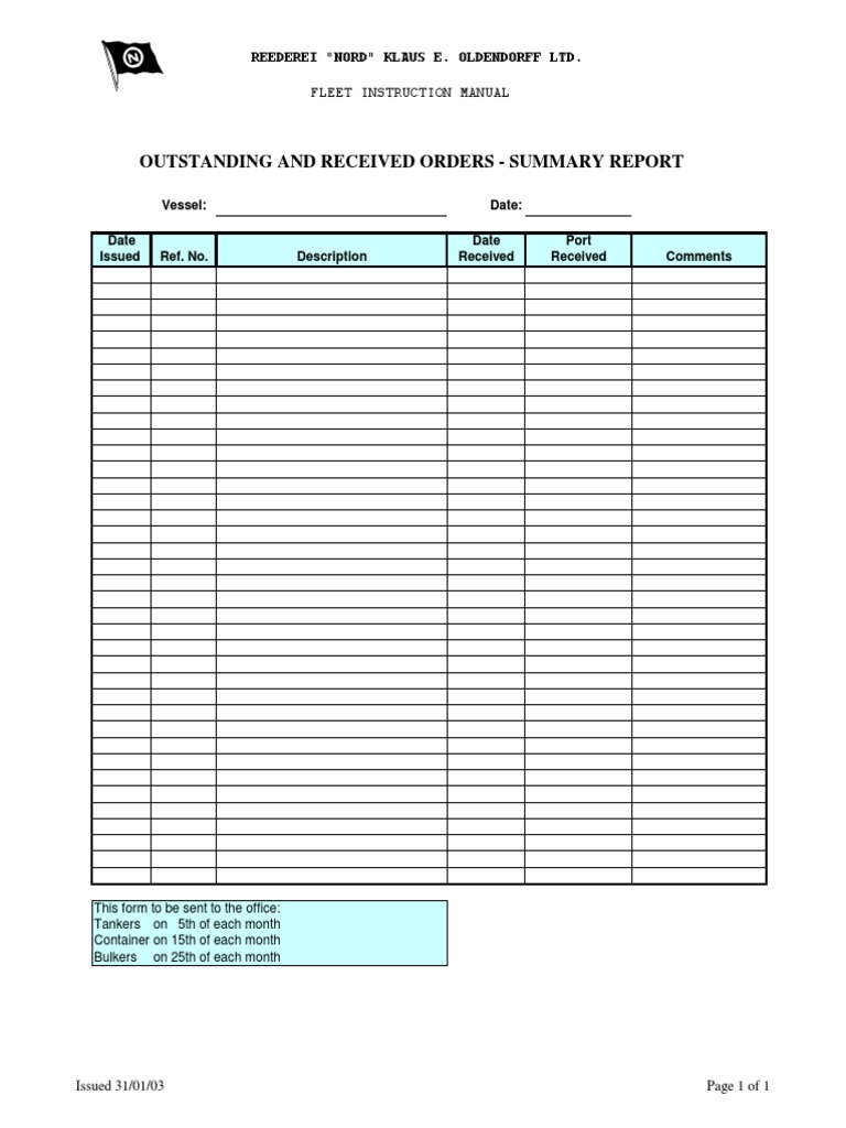 Outstanding and Received Orders - Summary Report: Fleet Instruction ...
