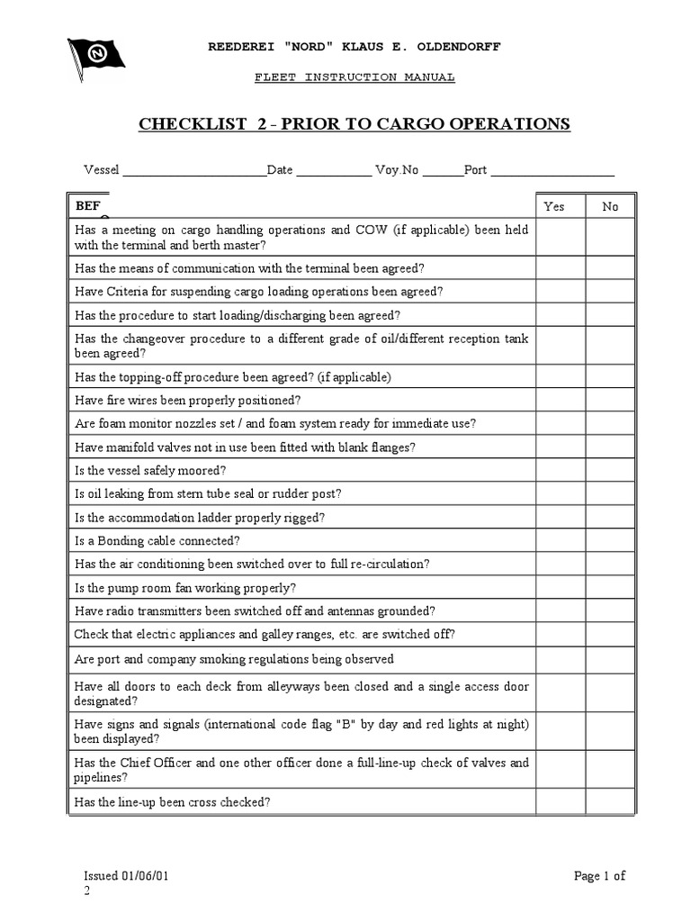 Prior to Cargo Operations Checklist (Tanker) | Watercraft | Ships