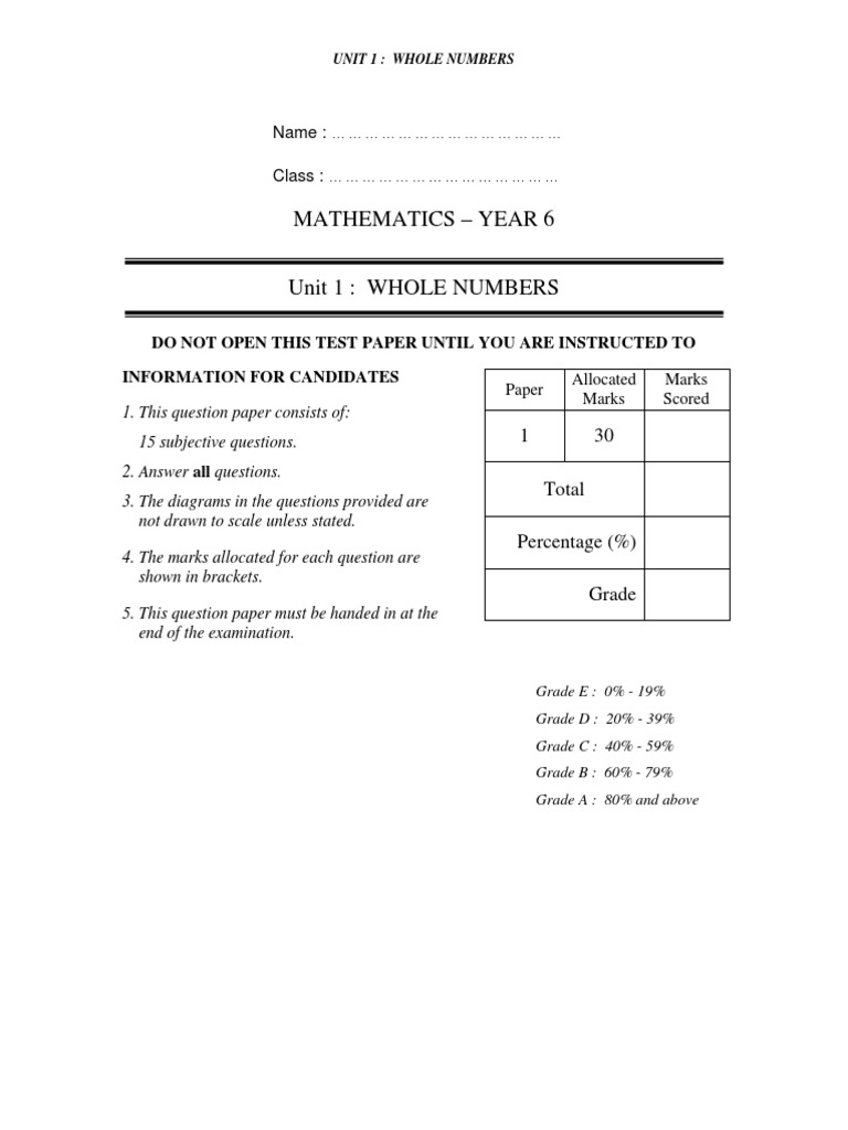 Year 6 Mathematics: Whole Numbers Test | PDF | Teaching Mathematics ...