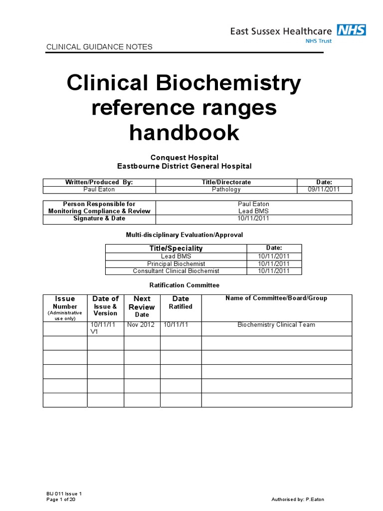 Clinical Biochemistry Reference Ranges Handbook | PDF