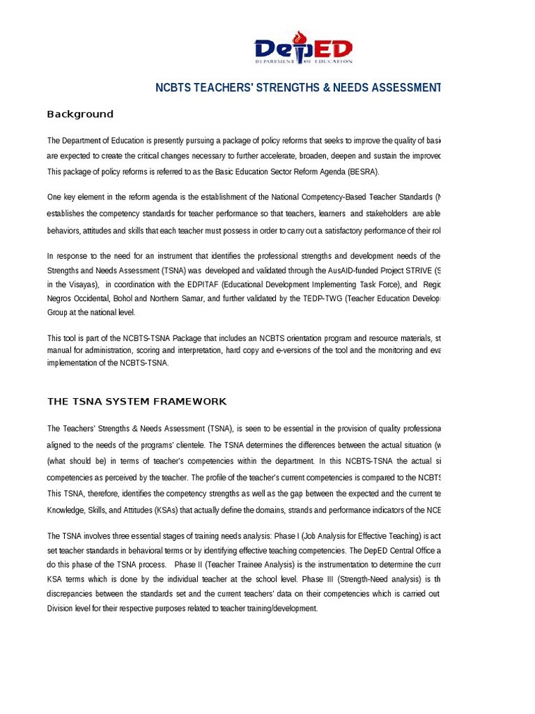 NCBTS TEACHER NEEDS ASSESSMENT | PDF | Educational Assessment ...