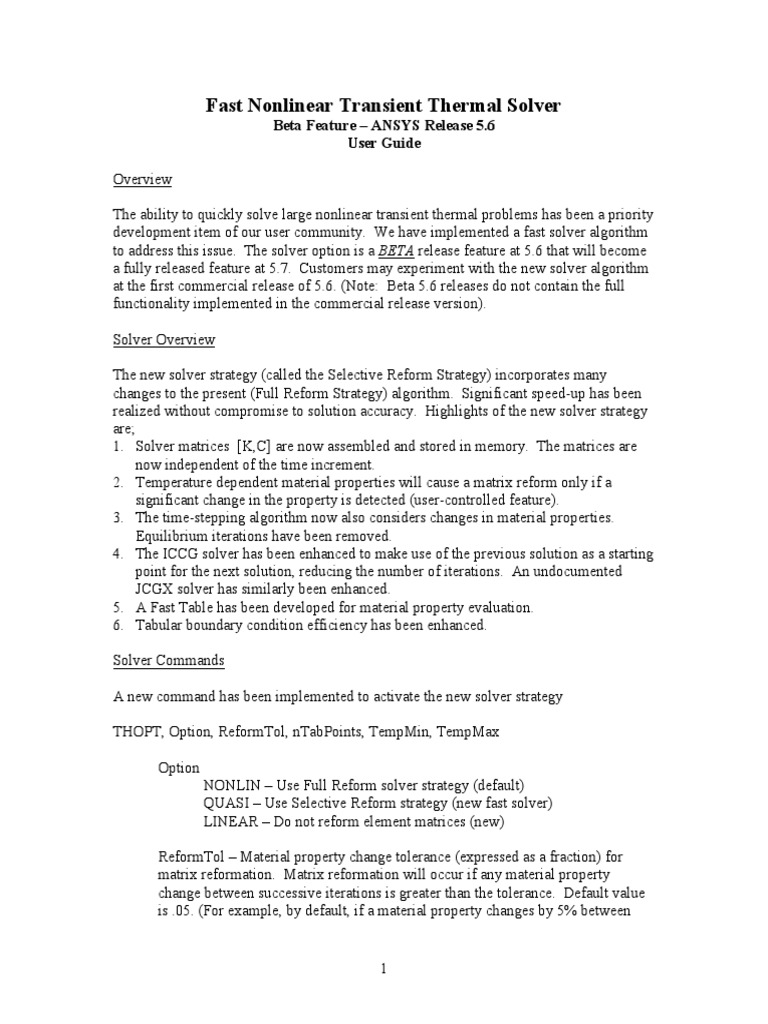 Fast Nonlinear Transient Thermal Solver: Beta Feature - ANSYS Release 5 ...