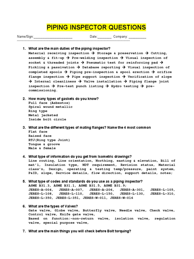 Piping Inspector Questions | PDF | Pipe (Fluid Conveyance) | Valve
