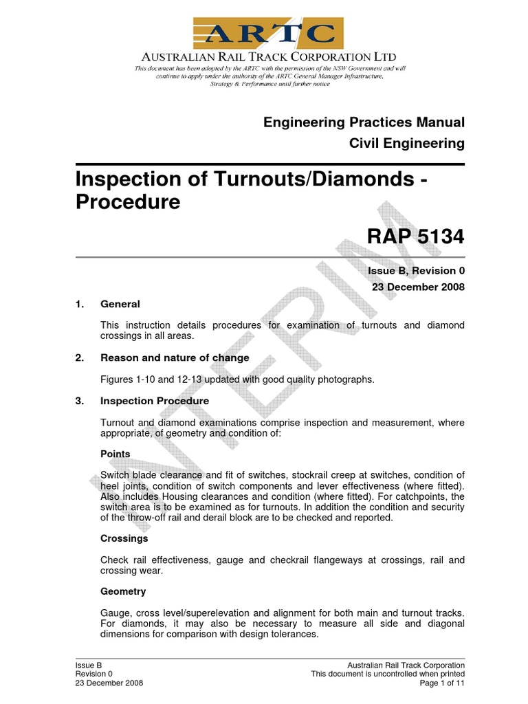 Inspection of Turnouts/Diamonds - Procedure RAP 5134: Engineering ...