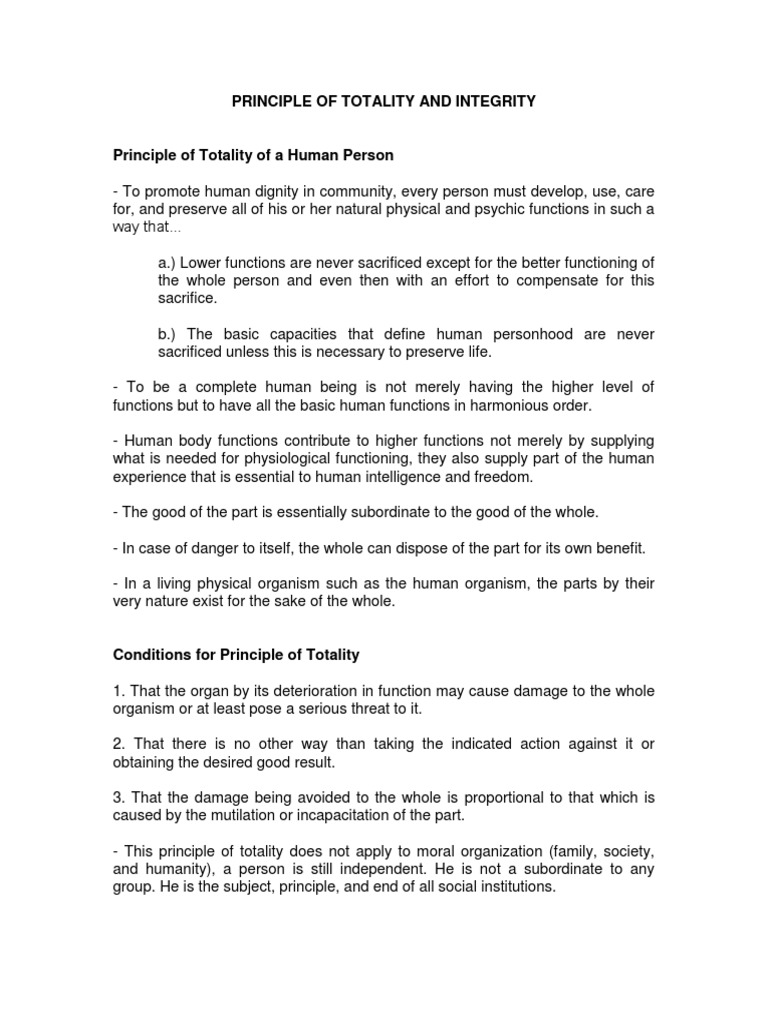 Principle of Totality and Integrity | PDF | Organ Donation | Applied Ethics