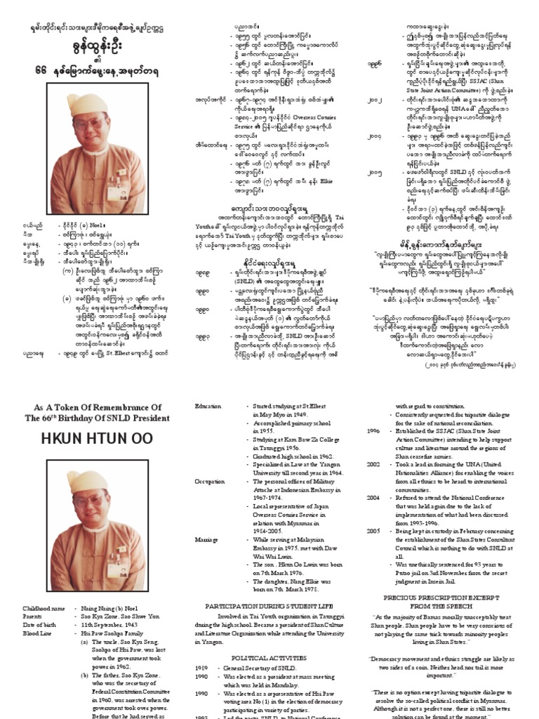 Biography of Shan Nationalities League For Democracy Leader Hkun Htun Oo. | PDF | Politics Of ...
