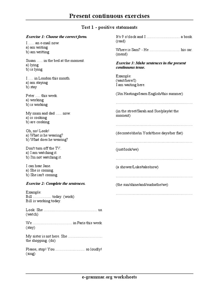 Present Continuous Positive Exercises | PDF