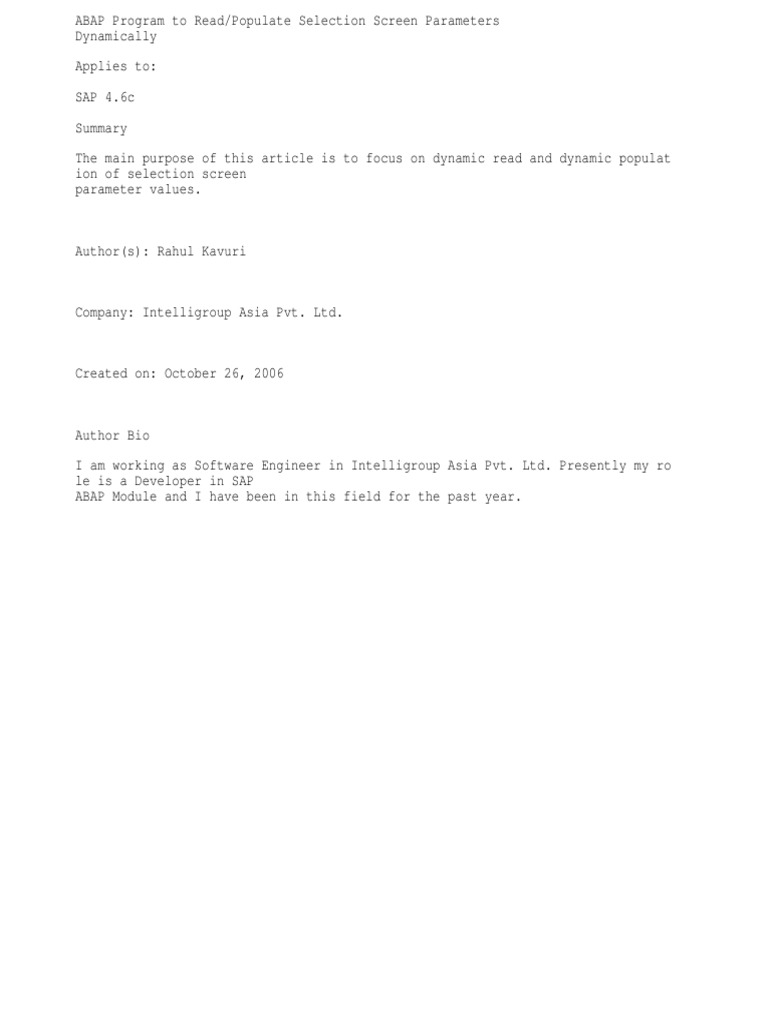 Abap Program To Read And Populate Selection Screen Parameters Dynamically Pdf Computing