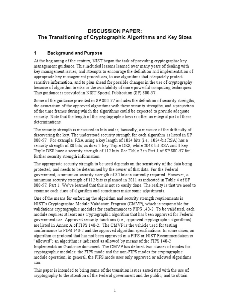 Discussion Paper: The Transitioning of Cryptographic Algorithms and Key ...