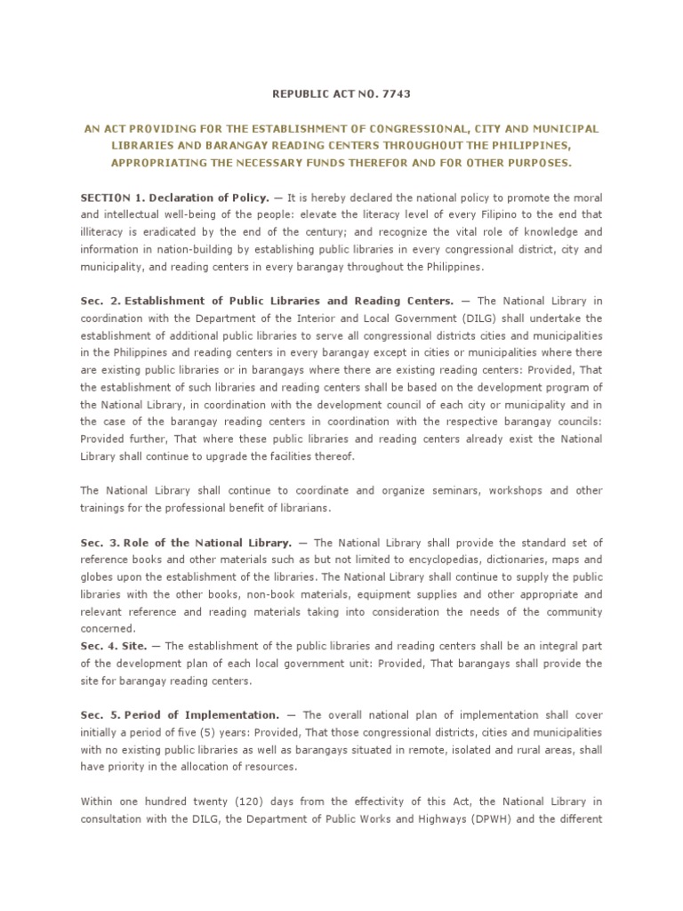 Republic Act No 7743 | PDF | Public Library | Libraries