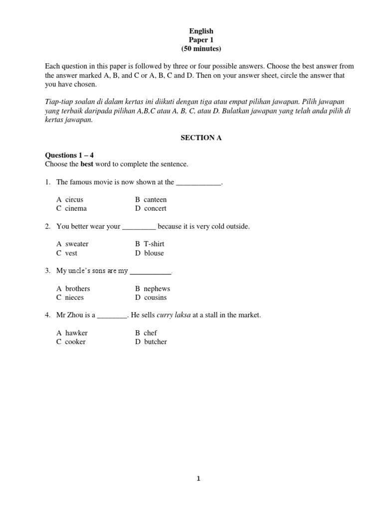 ENGLISH YEAR 5 Paper 1 | PDF