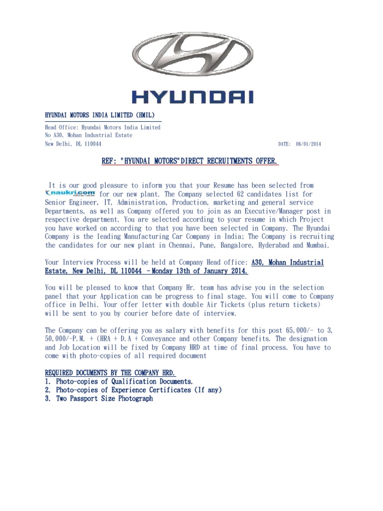 HMC - Hyundai Motors India Interview Call Letter | PDF | Email | Labour