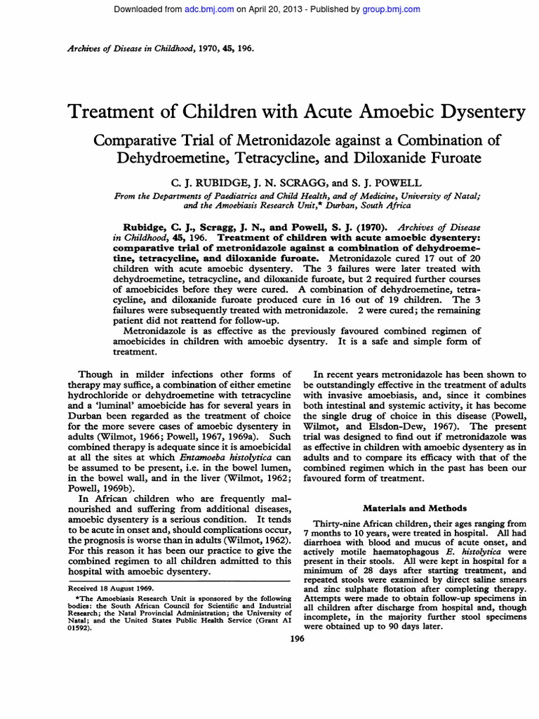 Treatment of Children: With Acute Amoebic Dysentery | PDF ...