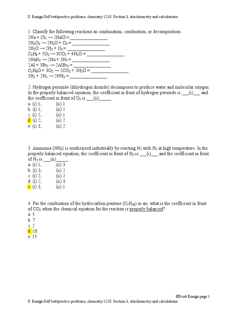 3 Stoichiometry Calculations Self Test For Students | PDF ...