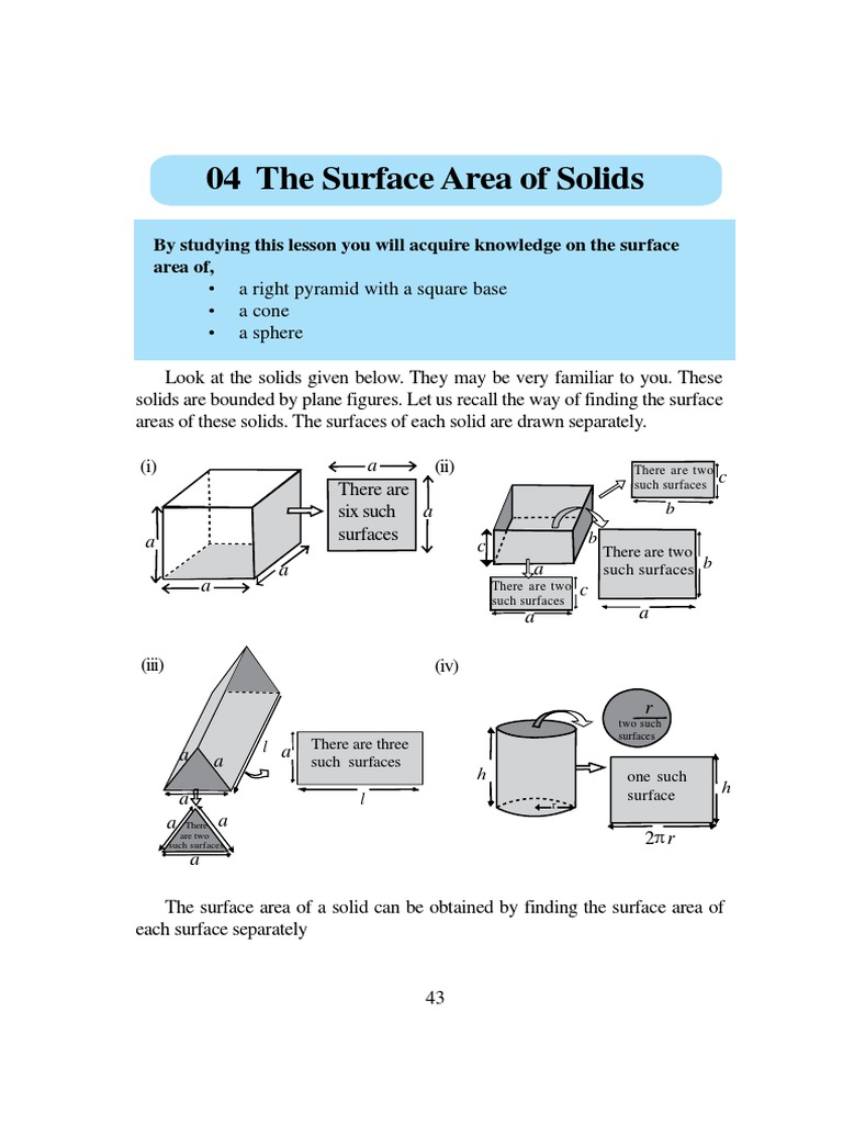 Surface Area Formulas for Solids | PDF | Sphere | Area