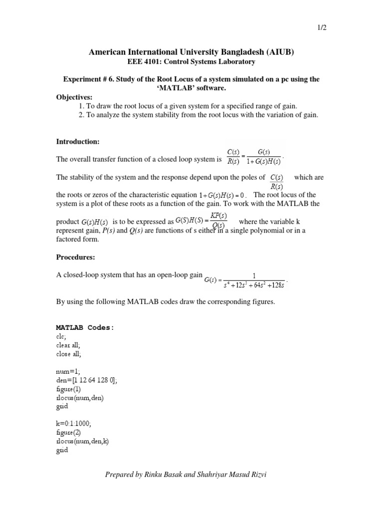 Control Lab Report Experiment No. 06 | PDF | Systems Theory | Teaching ...