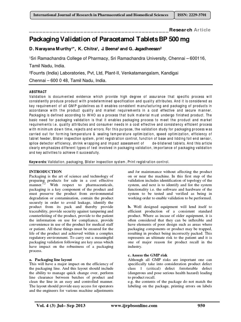 Validation of the Packaging Process for Paracetamol Tablets Through ...