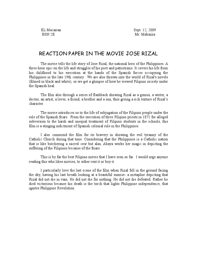 Reaction Paper in The Movie Jose Rizal | PDF | Philippines
