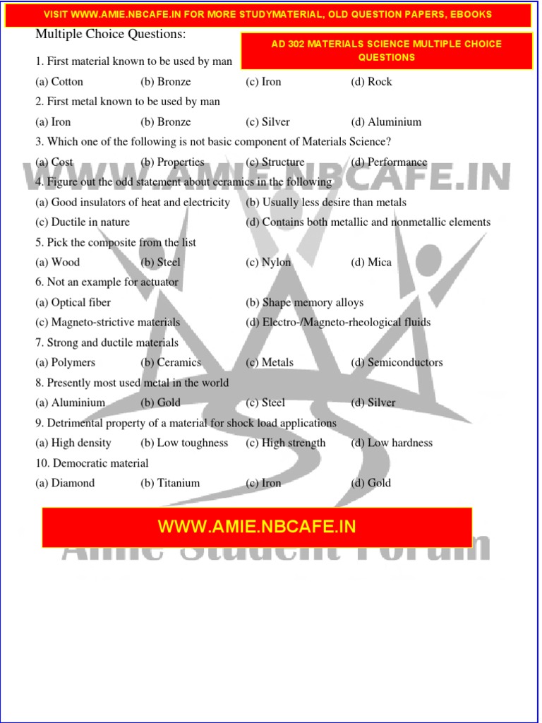 Amie Section A Materials Science Mutiple Choice Questions | PDF ...