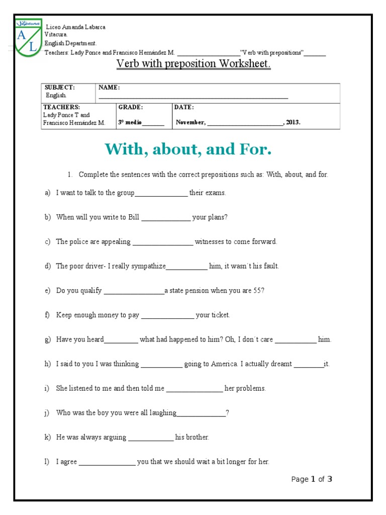 With, About, and For.: Verb With Preposition Worksheet | PDF | Syntax ...