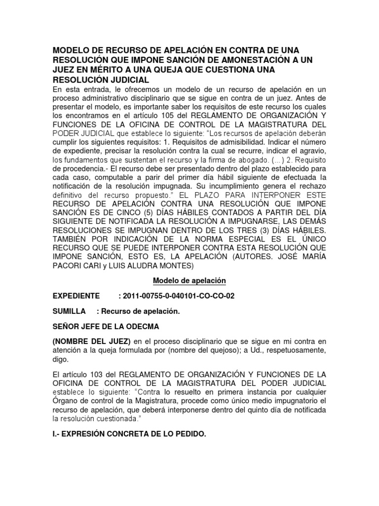 MODELO DE RECURSO DE APELACIÓN EN CONTRA DE UNA RESOLUCIÓN QUE IMPONE ... MODELO DE RECURSO DE APELACIÓN EN CONTRA DE UNA RESOLUCIÓN QUE IMPONE ...