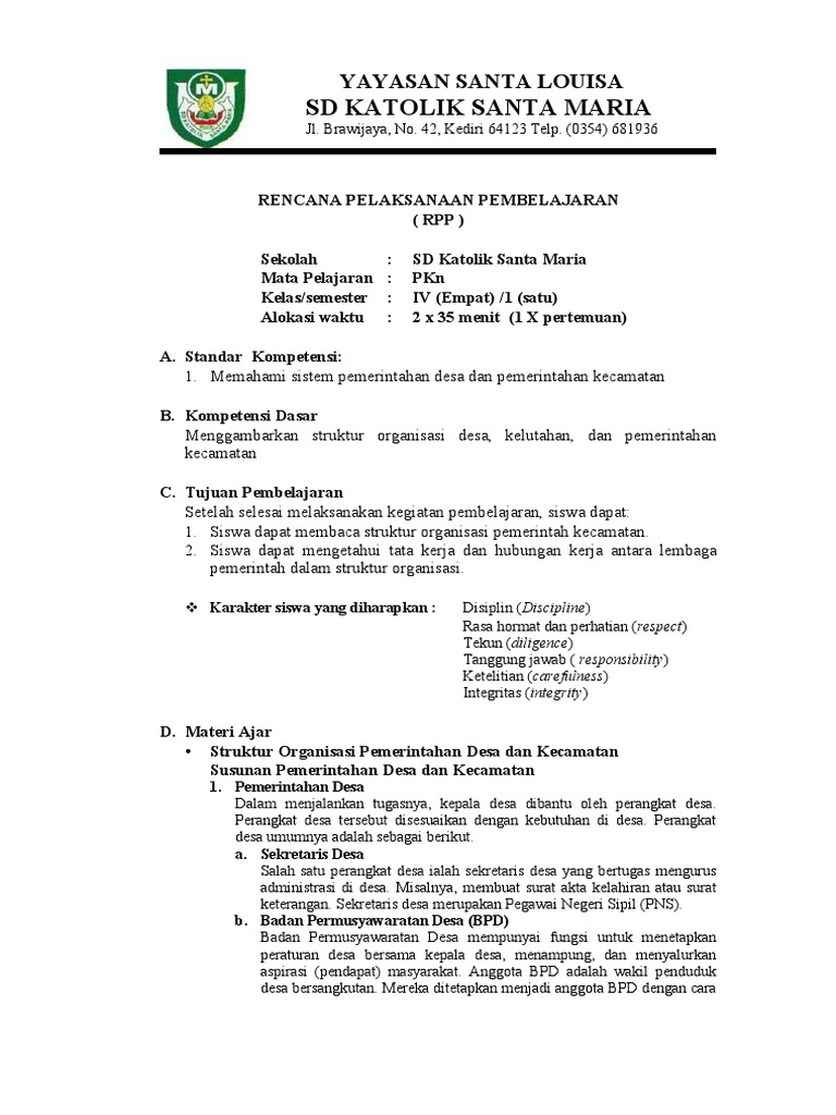 RPP Pkn-Kelas IV Santa Maria | PDF | Karier & Perkembangan