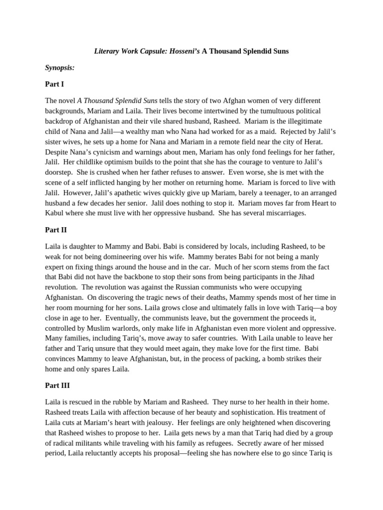 Thousand Splendid Suns Literary Review | PDF