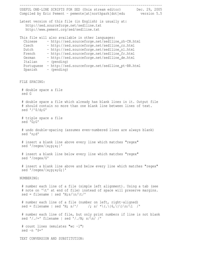 Sed 1 Liners Pdf Regular Expression Command Line Interface