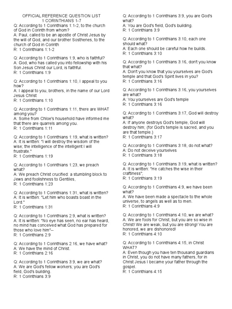 Official Reference Question List For 1 Corinthians 1-7 | PDF | First ...