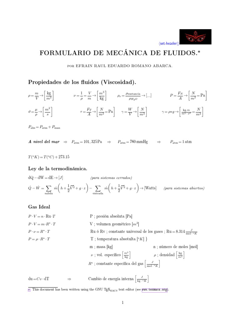 Formulario Fluidos PDF | PDF | Numero Reynolds | Gases