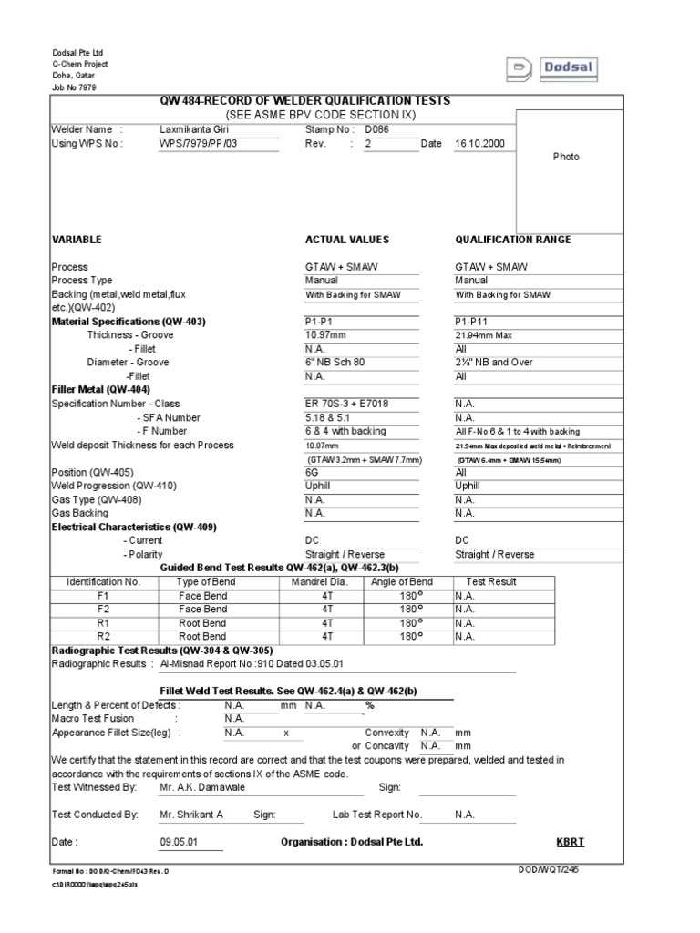 QW 484-Record of Welder Qualification Tests: (See Asme BPV Code Section ...