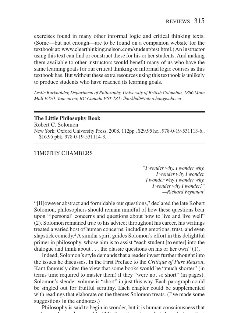 Timothy Chambers, Review of "The Little Philosophy Book," by Robert ...