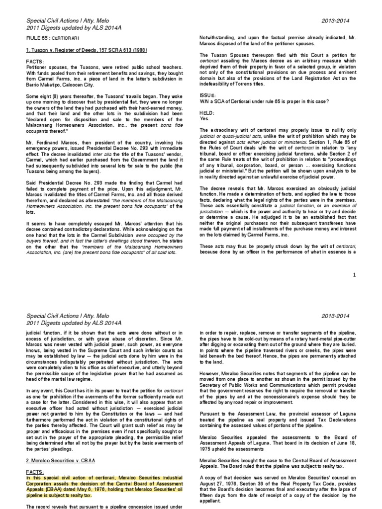 Melo Rule 65 Certiorari Digests 2013 Complete | PDF | Certiorari ...