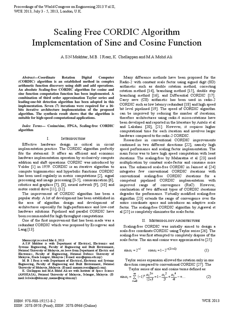 An Implementation Of A Scaling Free Cordic Algorithm For Sine And Cosine Function Computation 7692