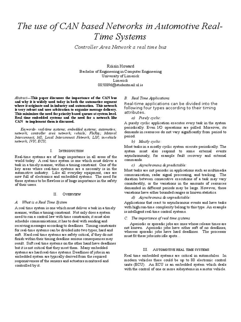 The Use of CAN Based Networks in Automotive Real Time Systems | PDF ...