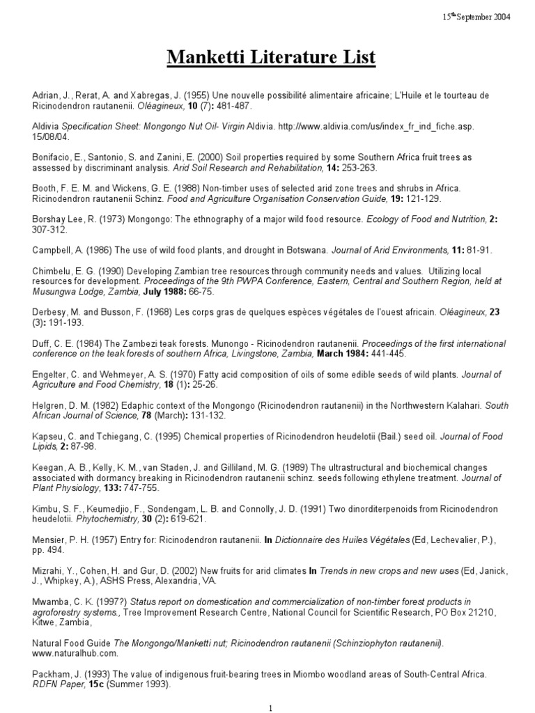 Manketti Literature Lists Oct 04 | PDF | Botany | Food And Drink