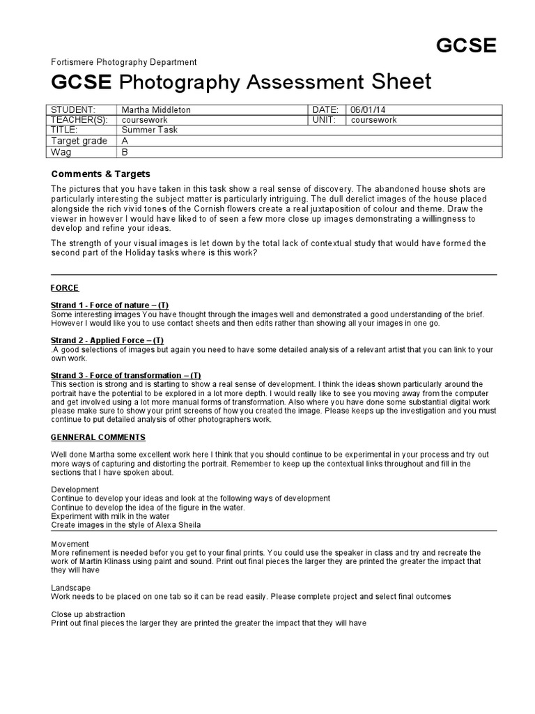 Gcse GCSE Photography Assessment: Sheet | PDF | Qualifications | Schools