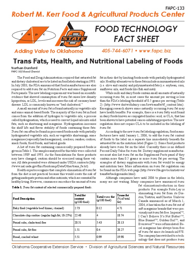 Trans Fats Health and Nutritional Labeling of Foods | Trans Fat ...