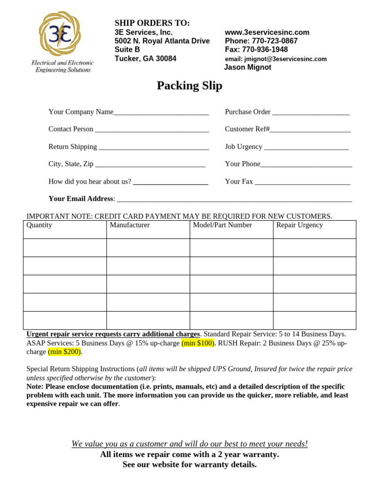 3E Services Packing Slip | PDF | Receipt | Electrical Engineering