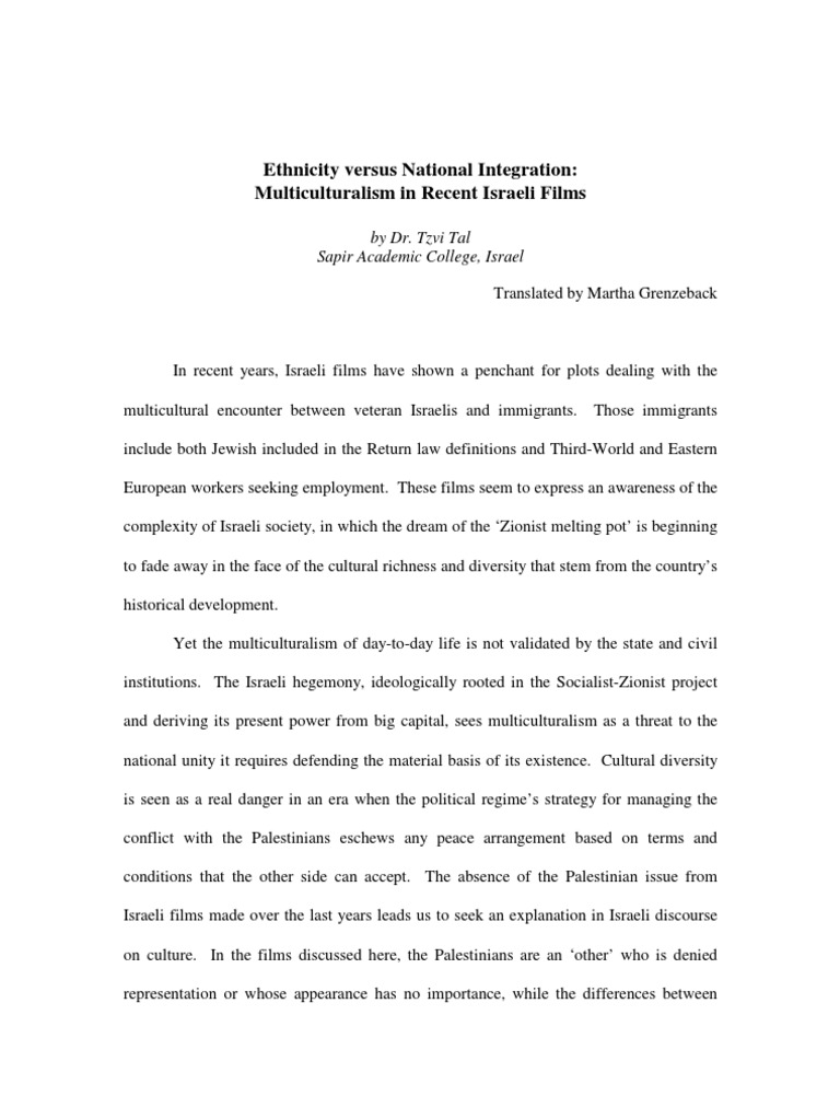 Ethnicity Vs Natonal Integration in Israel Cinema - Tzvi Tal | PDF ...