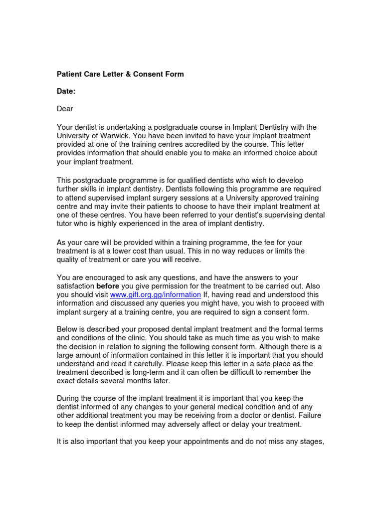 Patient Care Letter & Consent Form Date | PDF | Dental Implant | Dentures
