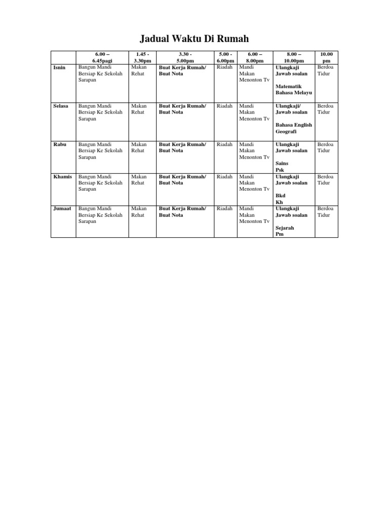 Jadual Waktu Di Rumah | PDF
