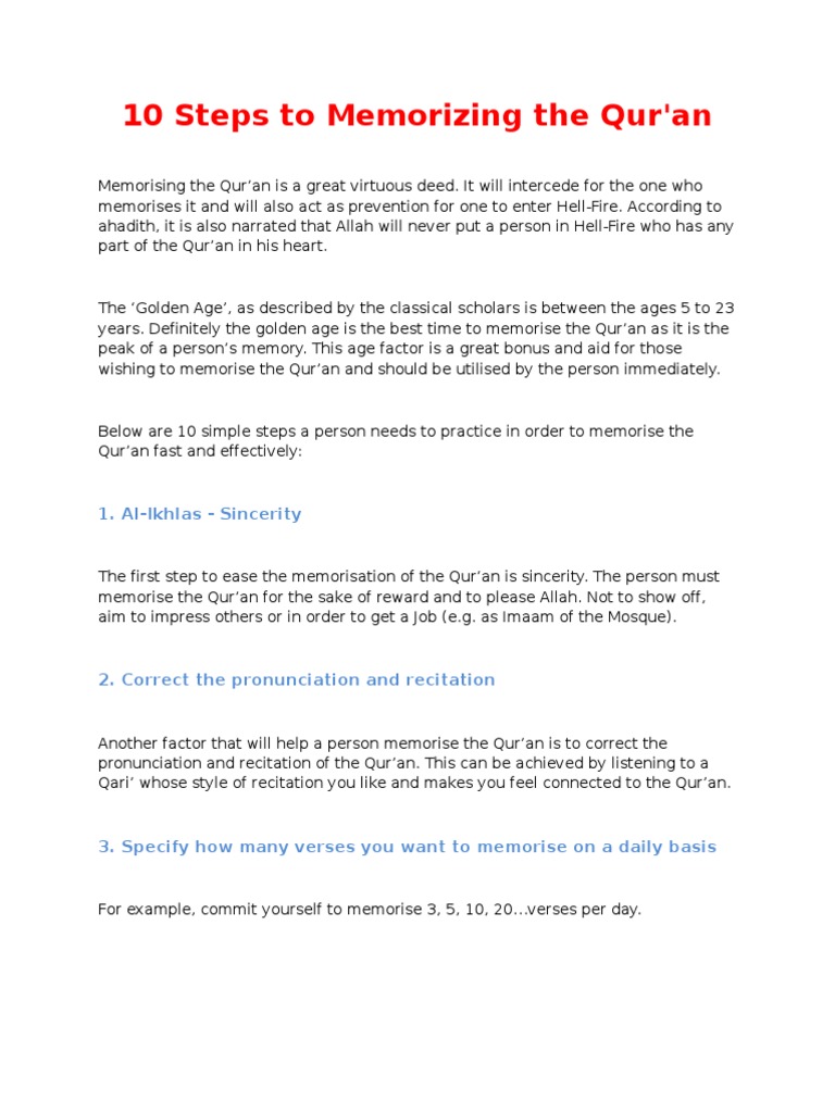 10 Steps To Memorizing The Quran | PDF | Quran | Islam