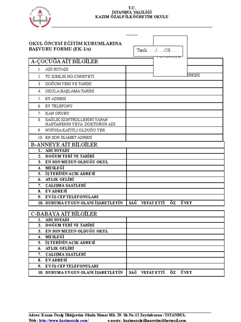 FORM OKUL ÖNCESİ 1a EĞİTİM KURUMLARINA BAŞVURU FORMU EK1 A | PDF
