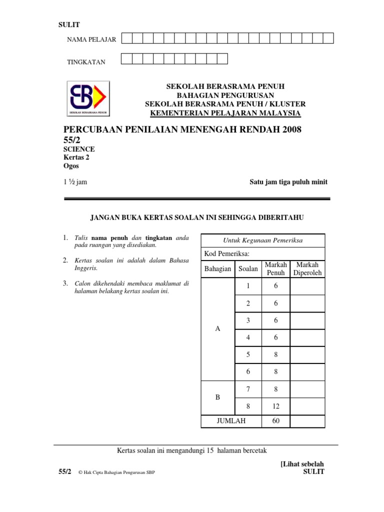 Kertas 2 Perc SBP Science PMR 2008 | PDF | Experiment | Adolescence