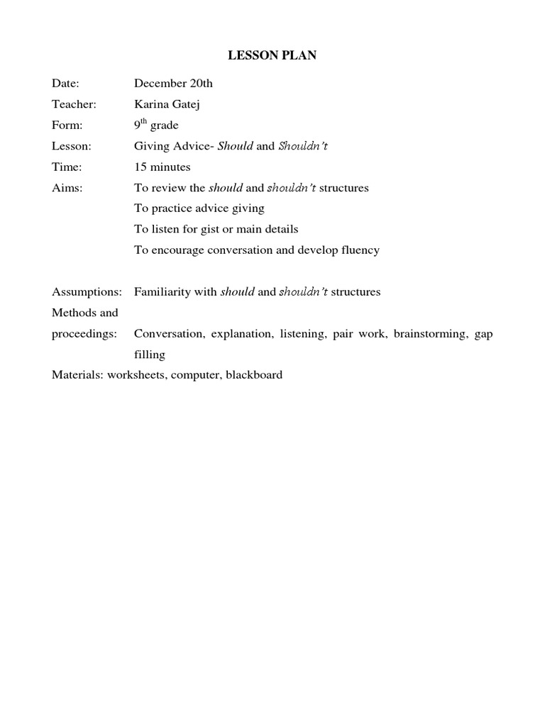 9th Grade Lesson Plan: Giving Advice | PDF | Career & Growth