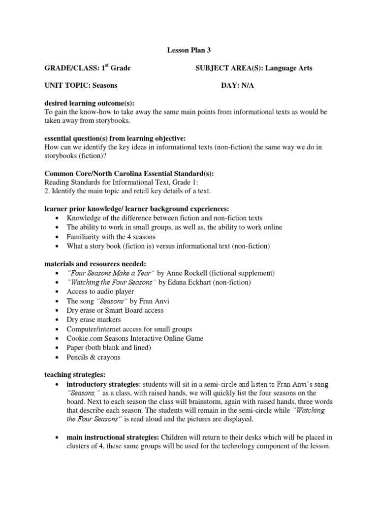 Seasons Language Arts Lesson Plan | PDF | Lesson Plan | Educational ...